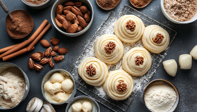 Fresh Tasty Buns in Baking on Table, Top View Stock Image - Image of ...