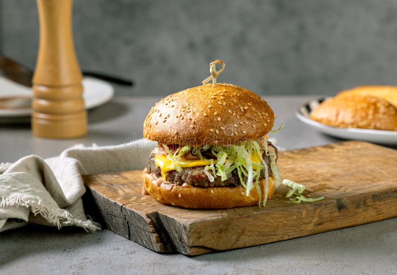 Fresh tasty burger stock photo. Image of onion, bread - 376922744