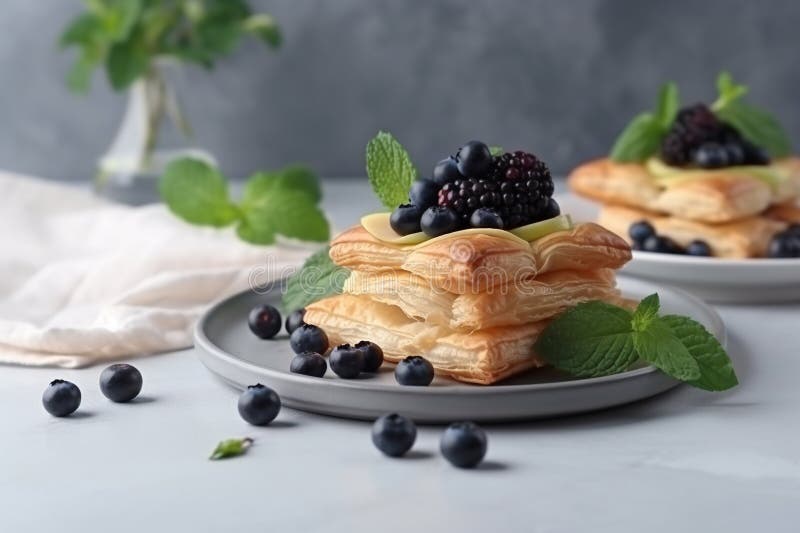 Fresh Tasty Puff Pastry with Blueberries on a White Table. Ai ...