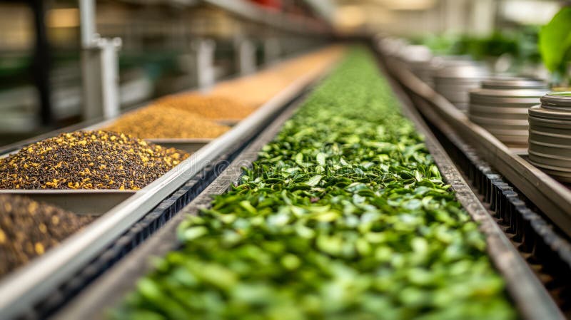 Fresh Tea Leaves Transported on Conveyor Belt in Modern Tea Processing ...