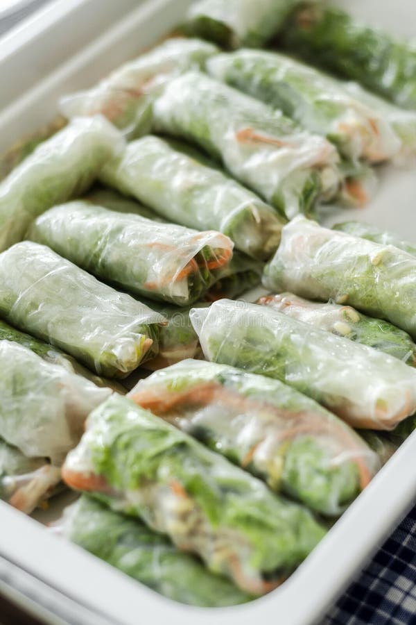 Fresh Thai Spring Rolls in Tray on Buffet Table Stock Image - Image of ...