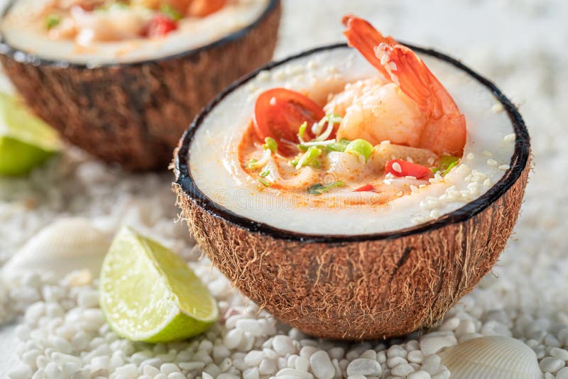 Fresh Tom Yum Soup in Coconut Shell Stock Image - Image of goong ...