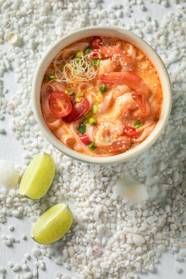 Fresh Tom Yum Soup with Seafood and Chilli Peppers Stock Photo - Image ...