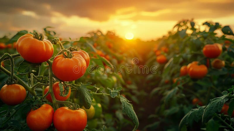 Fresh Tomato in the Field and Plantation Under the Sun Light Morning ...