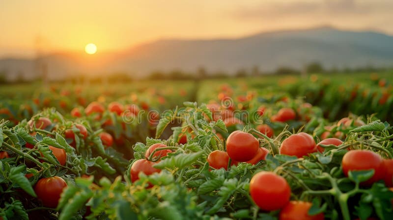 Fresh Tomato in the Field and Plantation Under the Sun Light Morning ...