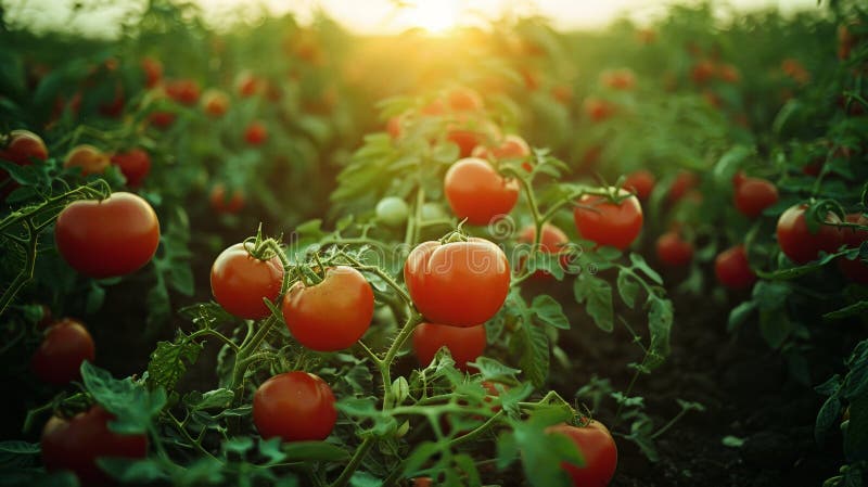 Fresh Tomato in the Field and Plantation Under the Sun Light Morning ...