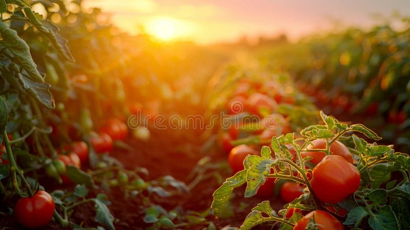 Fresh Tomato in the Field and Plantation Under the Sun Light Morning ...