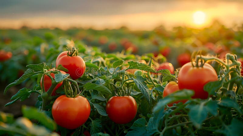 Fresh Tomato in the Field and Plantation Under the Sun Light Morning ...
