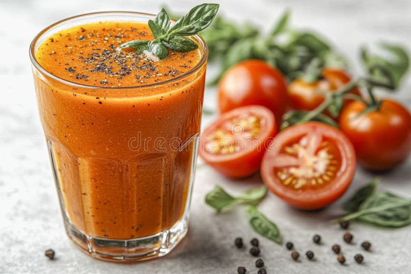 Fresh Tomato Juice with Basil in a Glass for Refreshing Summer Beverage ...