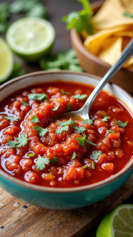 Fresh Tomato Salsa with Cilantro and Lime in a Bowl with Spoon Stock ...
