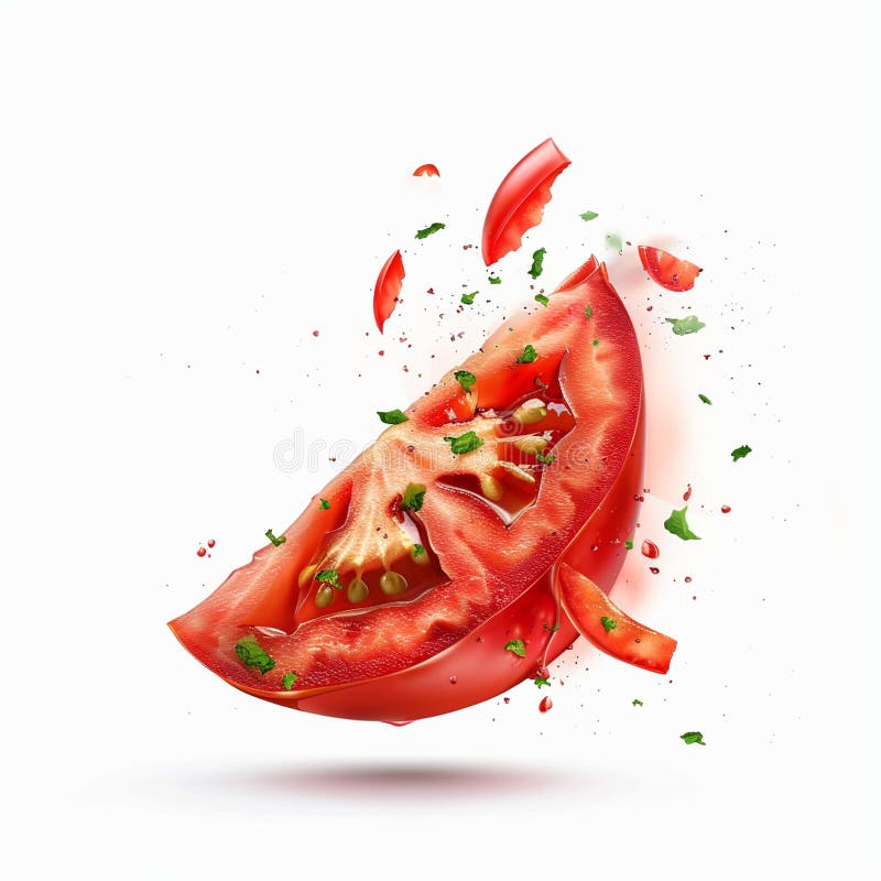 Fresh Tomato Slice Falling with Vibrant Colors and Splashes of Herbs ...