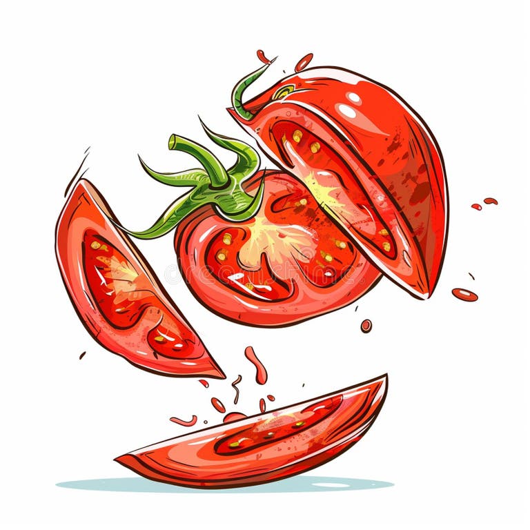 Fresh Tomato Slices Falling in Vibrant, Comic Style Scene Stock ...