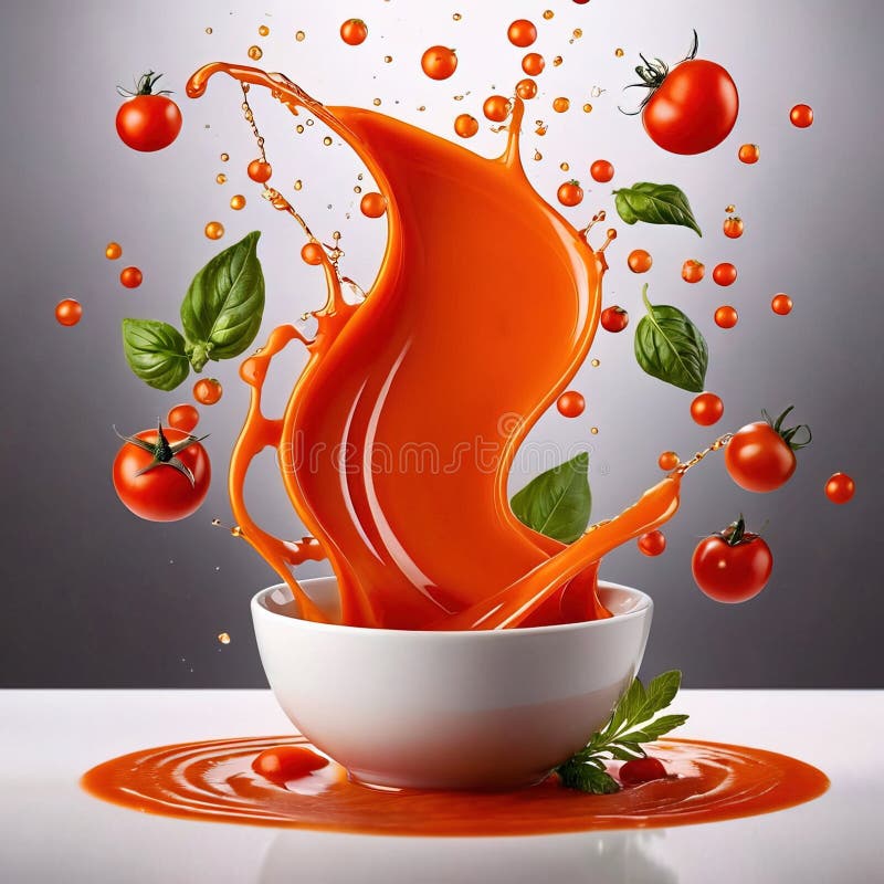 Fresh Tomato Vegetable Soup with Liquid Splash Effect Stock Image ...