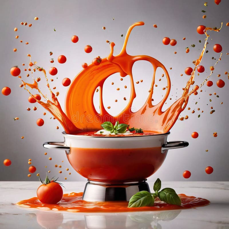 Fresh Tomato Vegetable Soup with Liquid Splash Effect Stock Photo ...