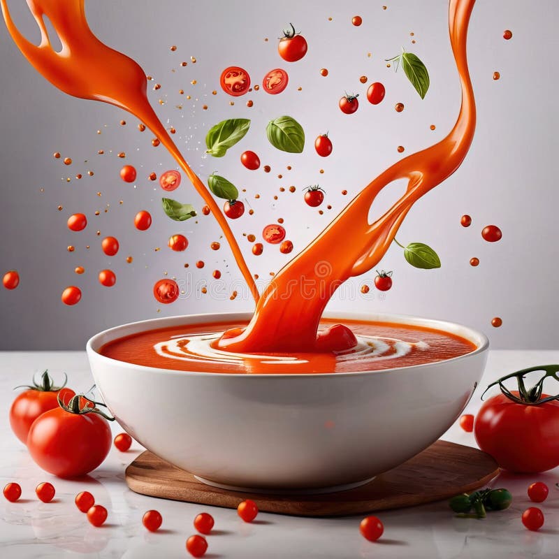 Fresh Tomato Vegetable Soup with Liquid Splash Effect Stock Photo ...