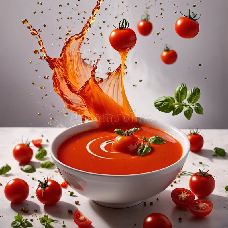 Fresh Tomato Vegetable Soup with Liquid Splash Effect Stock Image ...