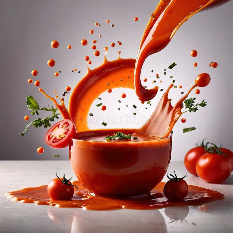 Fresh Tomato Vegetable Soup with Liquid Splash Effect Stock Photo ...