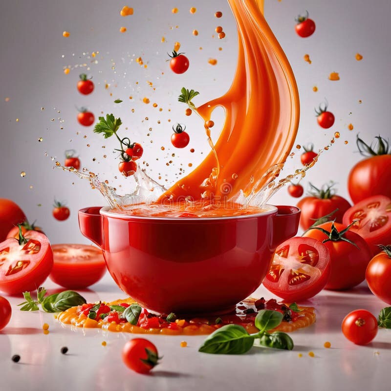 Fresh Tomato Vegetable Soup with Liquid Splash Effect Stock Image ...