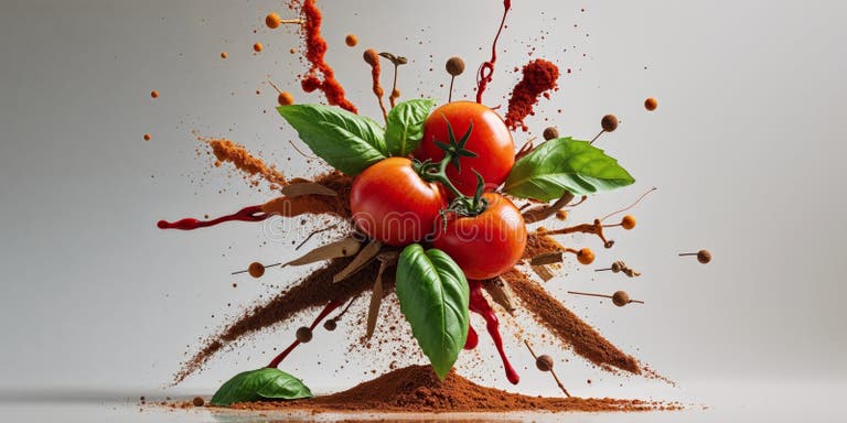 Fresh Tomatoes and Basil with Spices in Dynamic Splash. Stock Photo ...