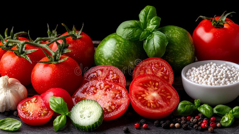 Fresh Tomatoes Basil and Tapioca Pearls Display Stock Illustration ...