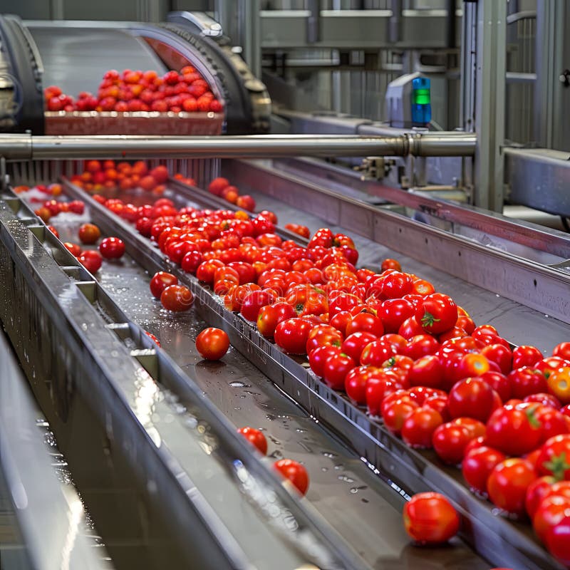 Fresh Tomatoes Being Washed Water Jets Processing Facility, Processing ...