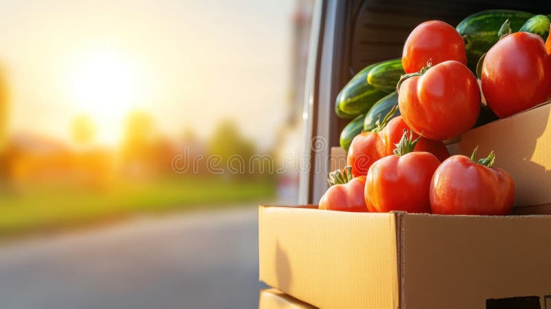 Fresh Tomatoes and Cucumbers in Boxes, Ready for Delivery at Sunset ...