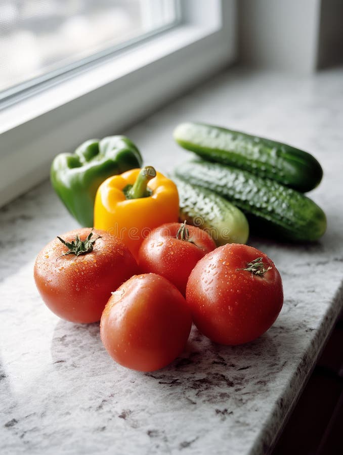 Fresh Tomatoes, Cucumbers, and Peppers on a Kitchen Counter. Stock ...