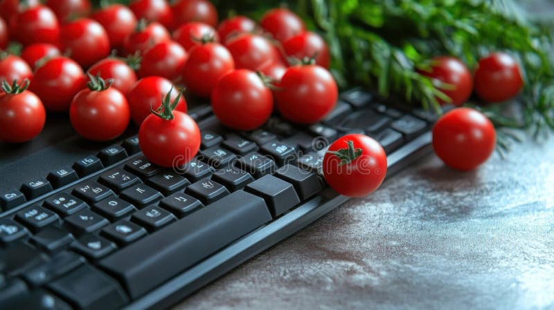 Fresh Tomatoes Sit on Computer Keyboard Promoting Healthy Eating Habits ...