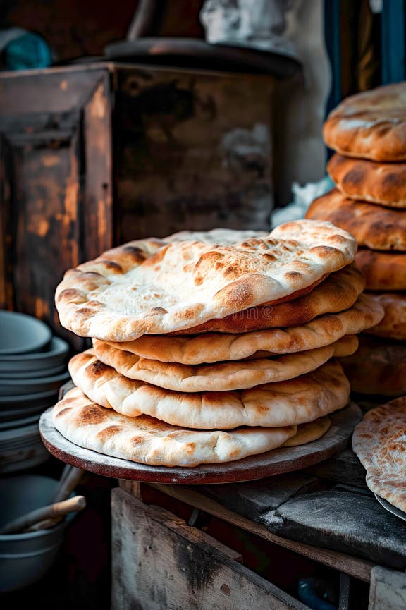 Fresh Traditional Flatbread Stacked in a Rustic Kitchen Setting Stock ...