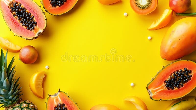 Fresh Tropical Fruits Frame a Sunny Yellow Circle Stock Illustration ...
