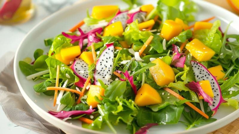 Fresh Tropical Mango Dragon Fruit Salad with Arugula and Spinach Stock ...