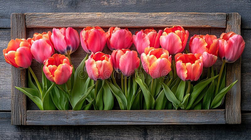 Fresh Tulips in a Rustic Wooden Frame Stock Illustration - Illustration ...