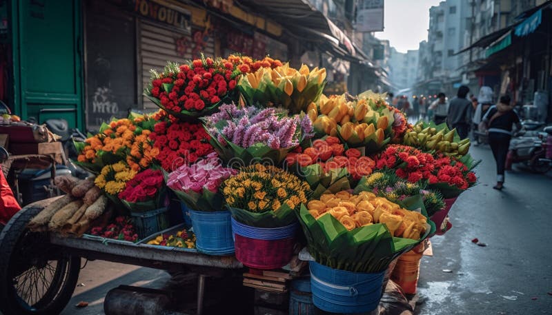 Fresh Tulips for Sale at Crowded Flower Market Generated by AI Stock ...