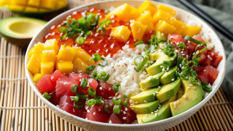 Fresh Tuna Avocado Mango Poke Bowl Delight Stock Image - Image of ...