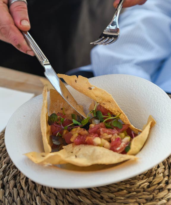Fresh Tuna Ceviche Starter on a Crispy Corn Tortilla Stock Image ...
