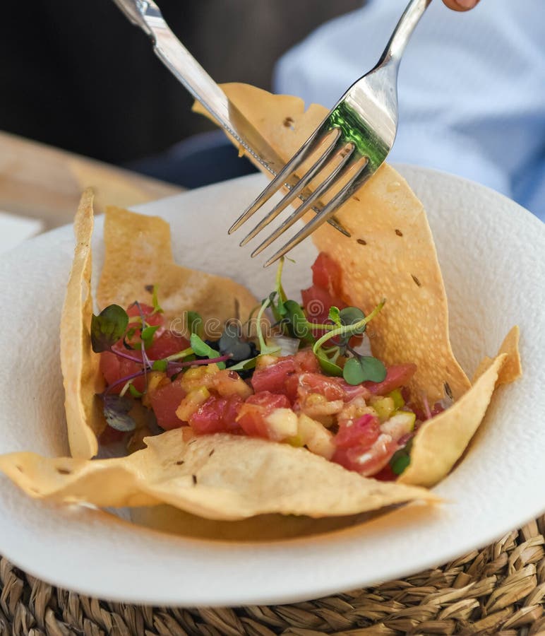 Fresh Tuna Ceviche Starter on a Crispy Corn Tortilla Stock Image ...