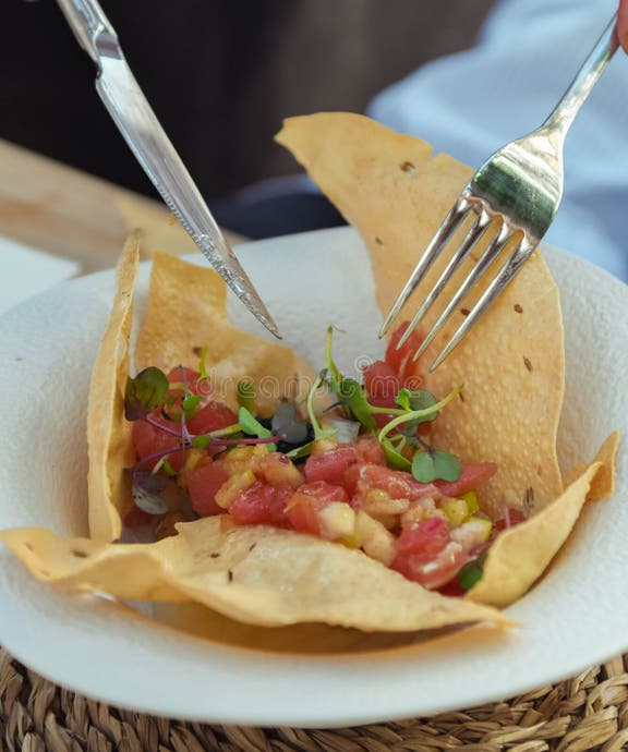 Fresh Tuna Ceviche Starter on a Crispy Corn Tortilla Stock Image ...