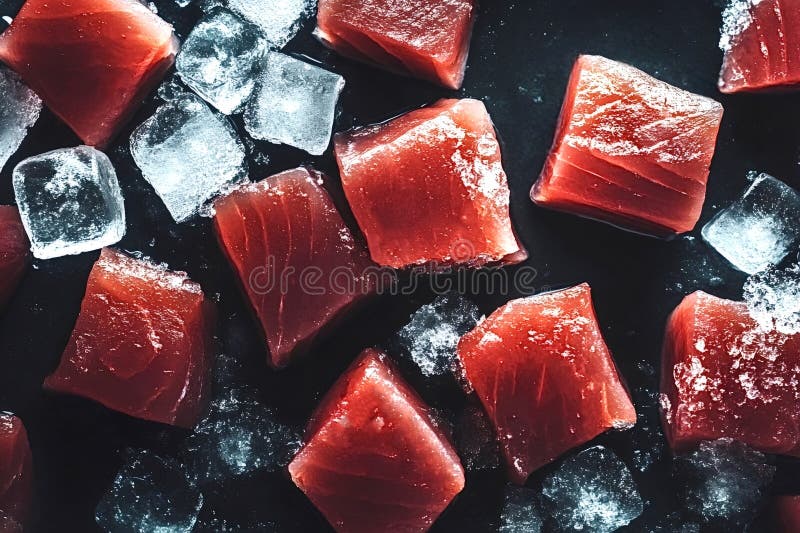 Fresh Tuna Chunks Cooling on Ice on a Dark Surface Stock Photo - Image ...