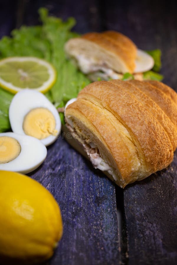 Fresh Tuna Croissant Lettuce Leaf and Egg Stock Image - Image of brunch ...