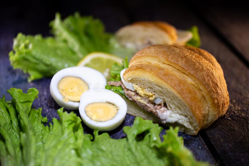 Fresh Tuna Croissant Lettuce Leaf and Egg Stock Photo - Image of green ...