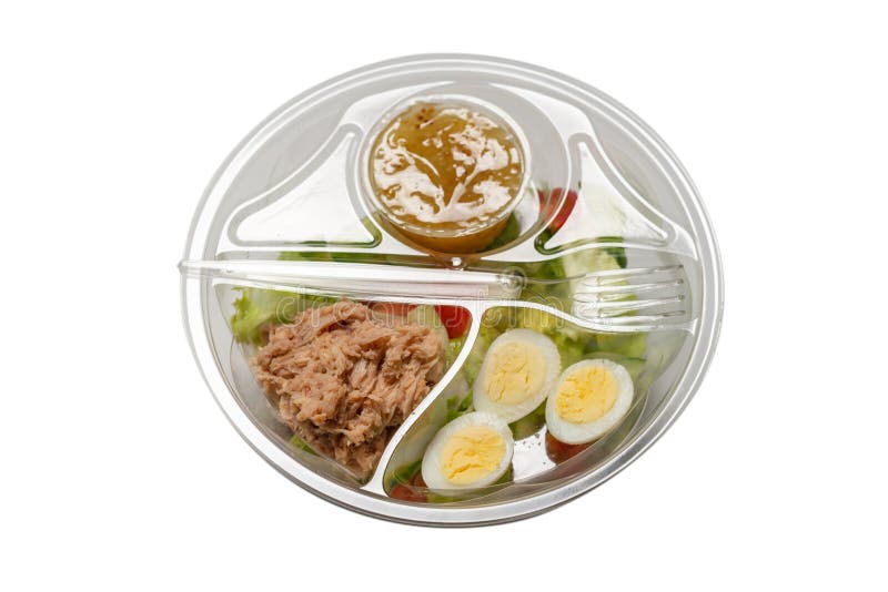 Fresh Tuna Salad with Lettuce, Cucombers, Cherries and Eggs in Plastic ...