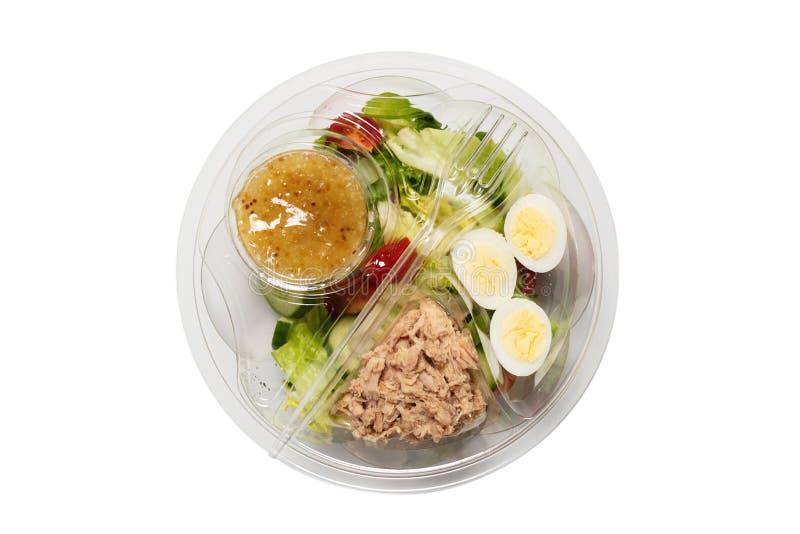 Fresh Tuna Salad with Lettuce, Cucombers, Cherries and Eggs in Plastic ...