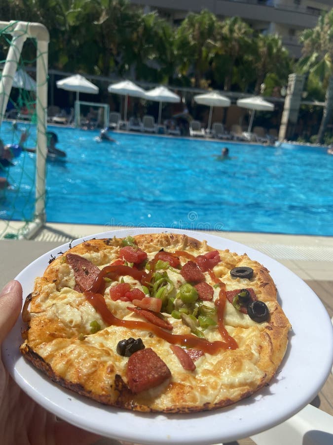 Fresh Turkish Pizza Near the Swimming Pool Stock Image - Image of meat ...