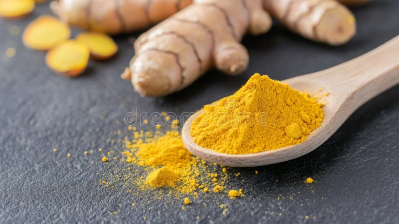 Fresh Turmeric Root and Powdered Spice on Dark Surface for Culinary ...