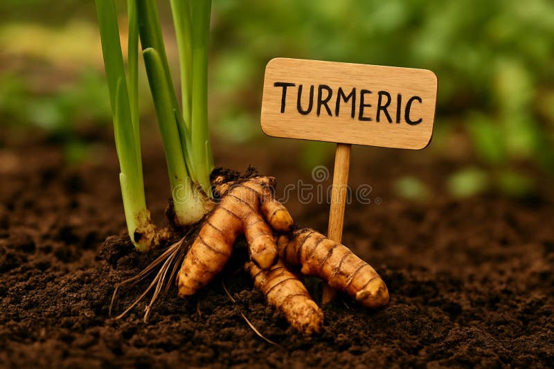 Fresh Turmeric Root in Soil with Handwritten Label and Plants Around ...