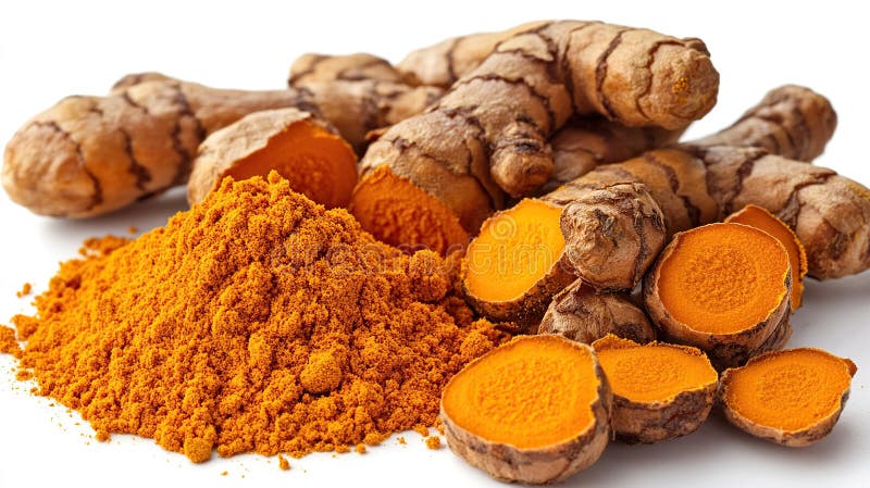 Fresh Turmeric Roots and Ground Turmeric Powder Isolated on White ...
