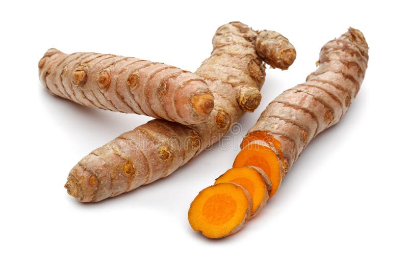 Fresh Turmeric and Slices on White Background Stock Photo - Image of ...