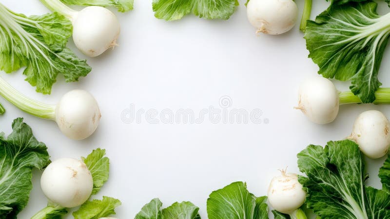 Fresh Turnips and Greens Arranged in a Circular Frame on a Clean White ...