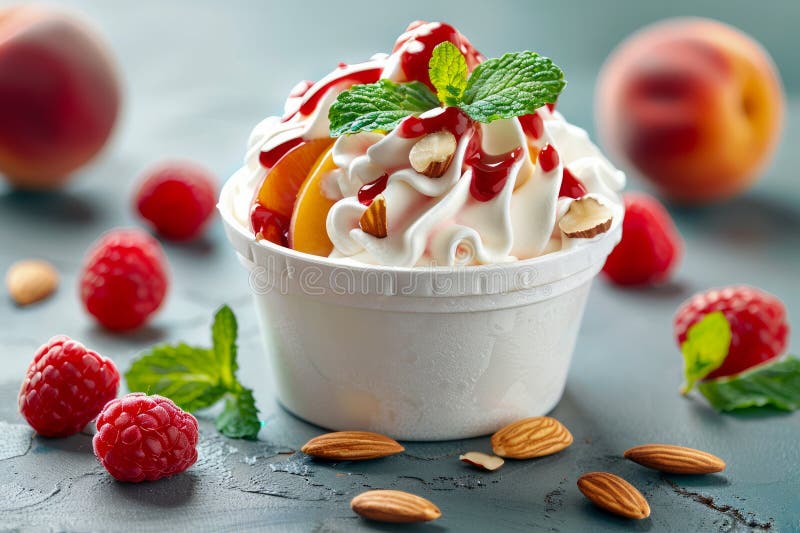 Fresh Vanilla Ice Cream Cup with Raspberry Topping, Almonds, and Mint ...