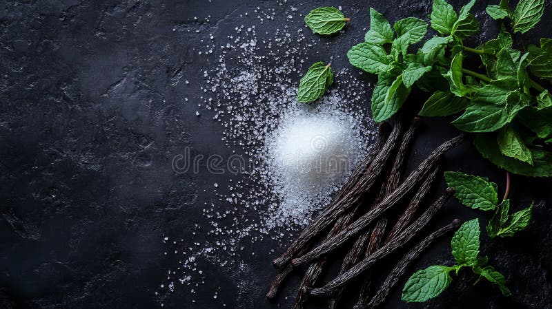 Fresh Vanilla Pods with Sugar and Mint Sprigs Stock Illustration ...